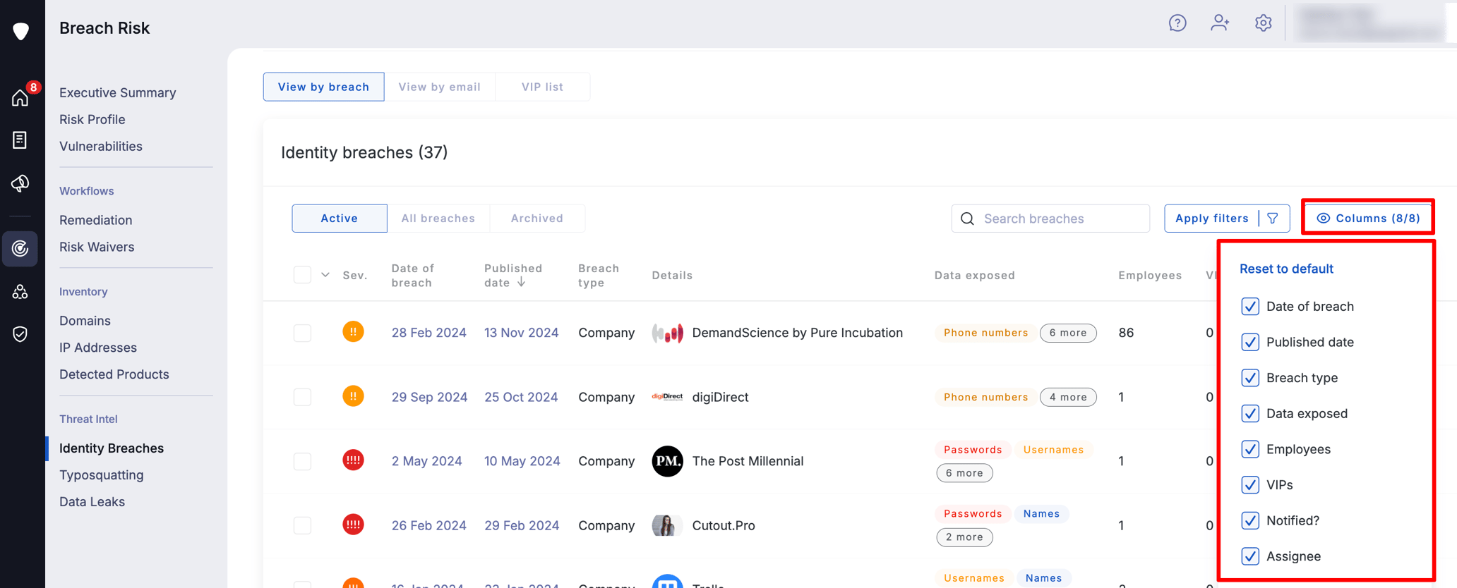 What is the Identity Breaches page in Breach Risk?
