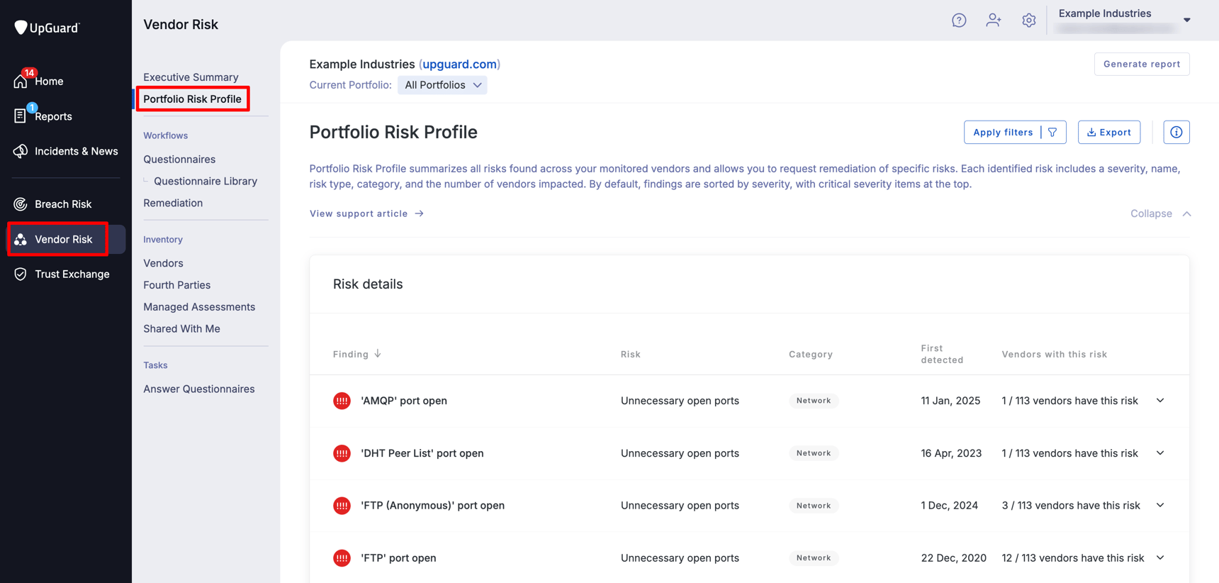 How to filter the Portfolio Risk Profile