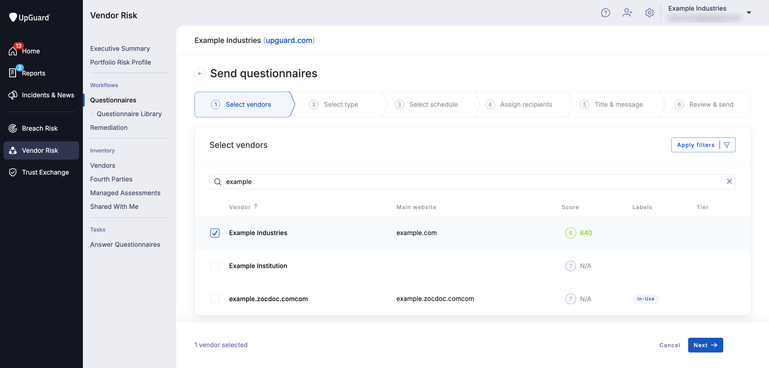 How to send security questionnaires in UpGuard Vendor Risk