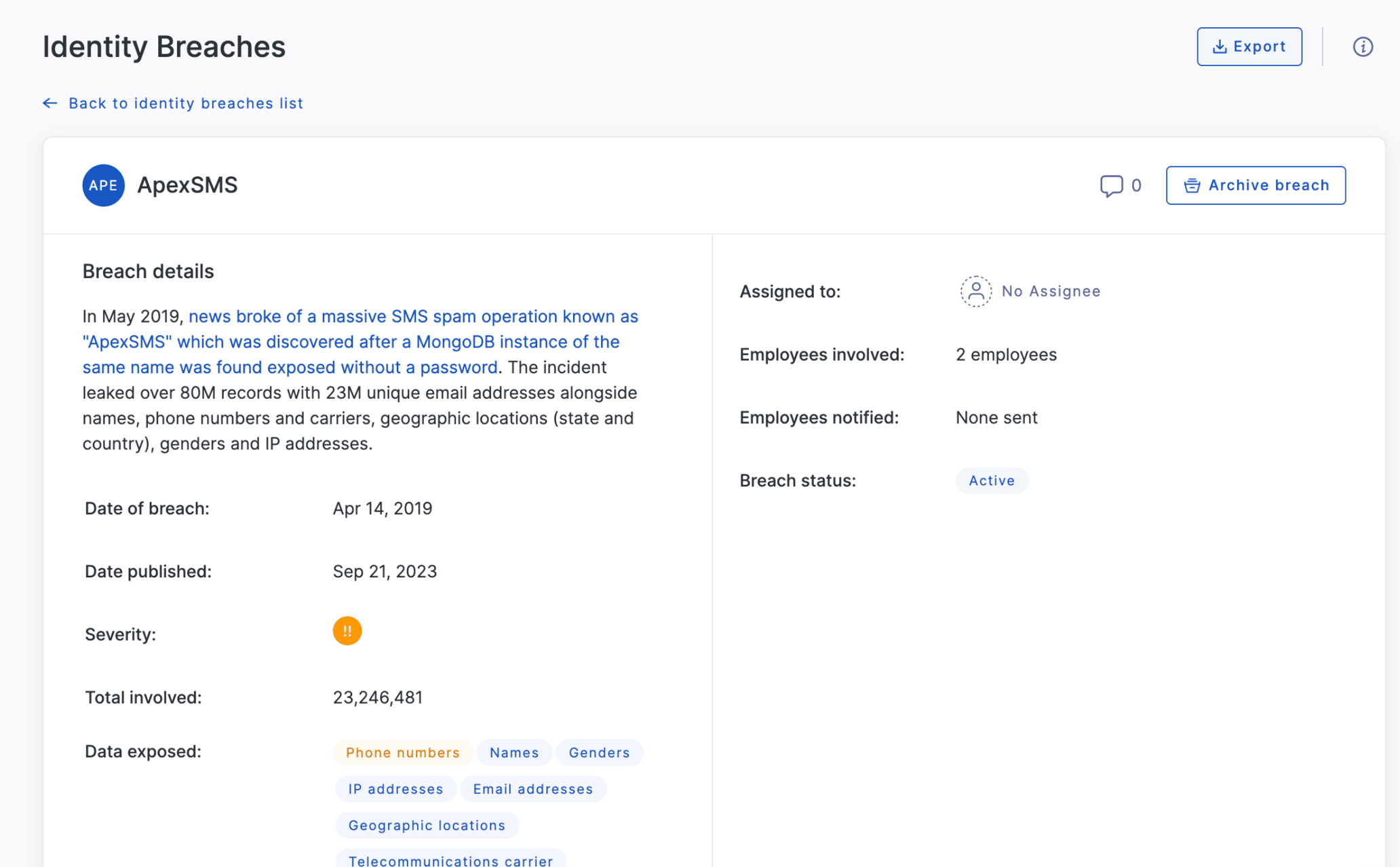 What is the Identity Breaches page in Breach Risk?