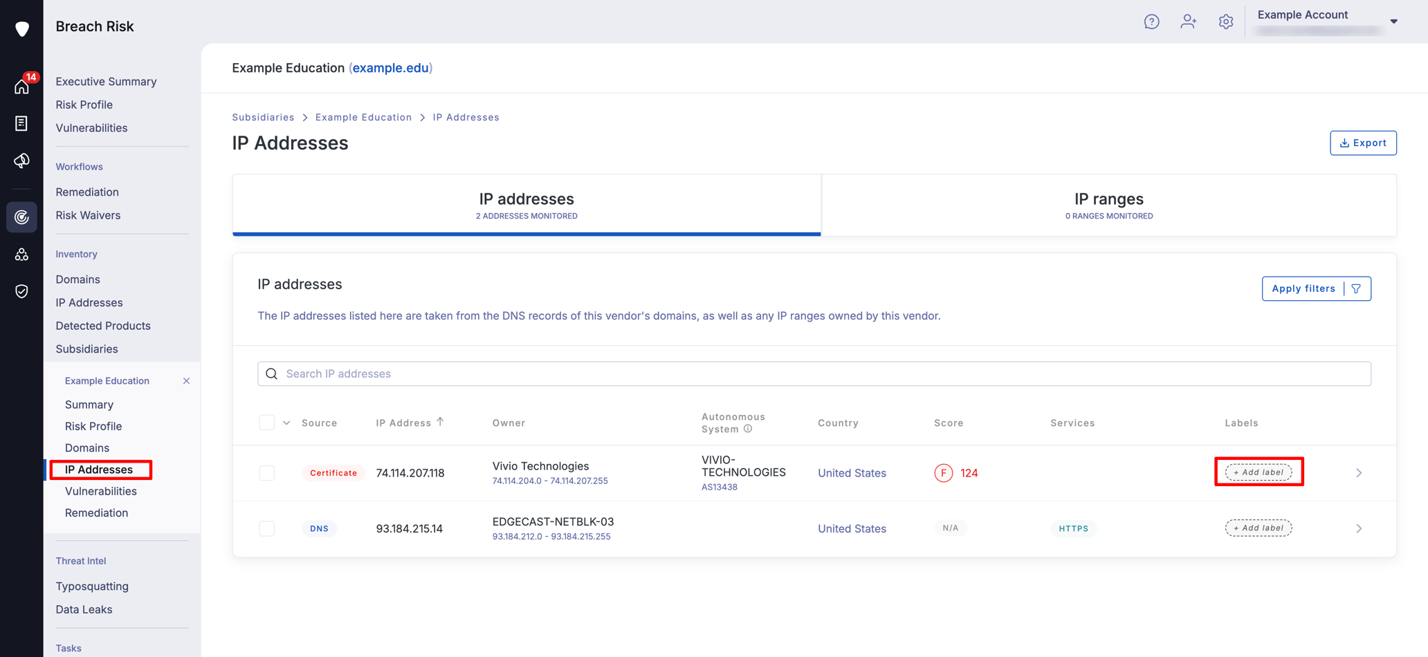How to label a subsidiary's IP address or IP ranges